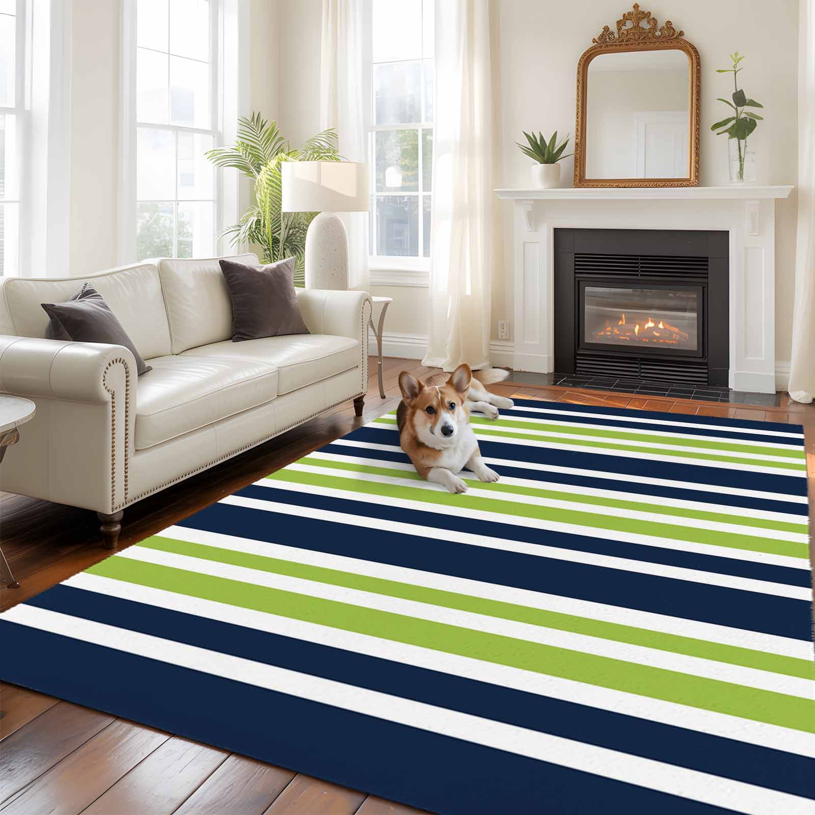 5'x8' Area Rugs, Navy Blue Green Striped Indoor Outdoor Area Rug for ...