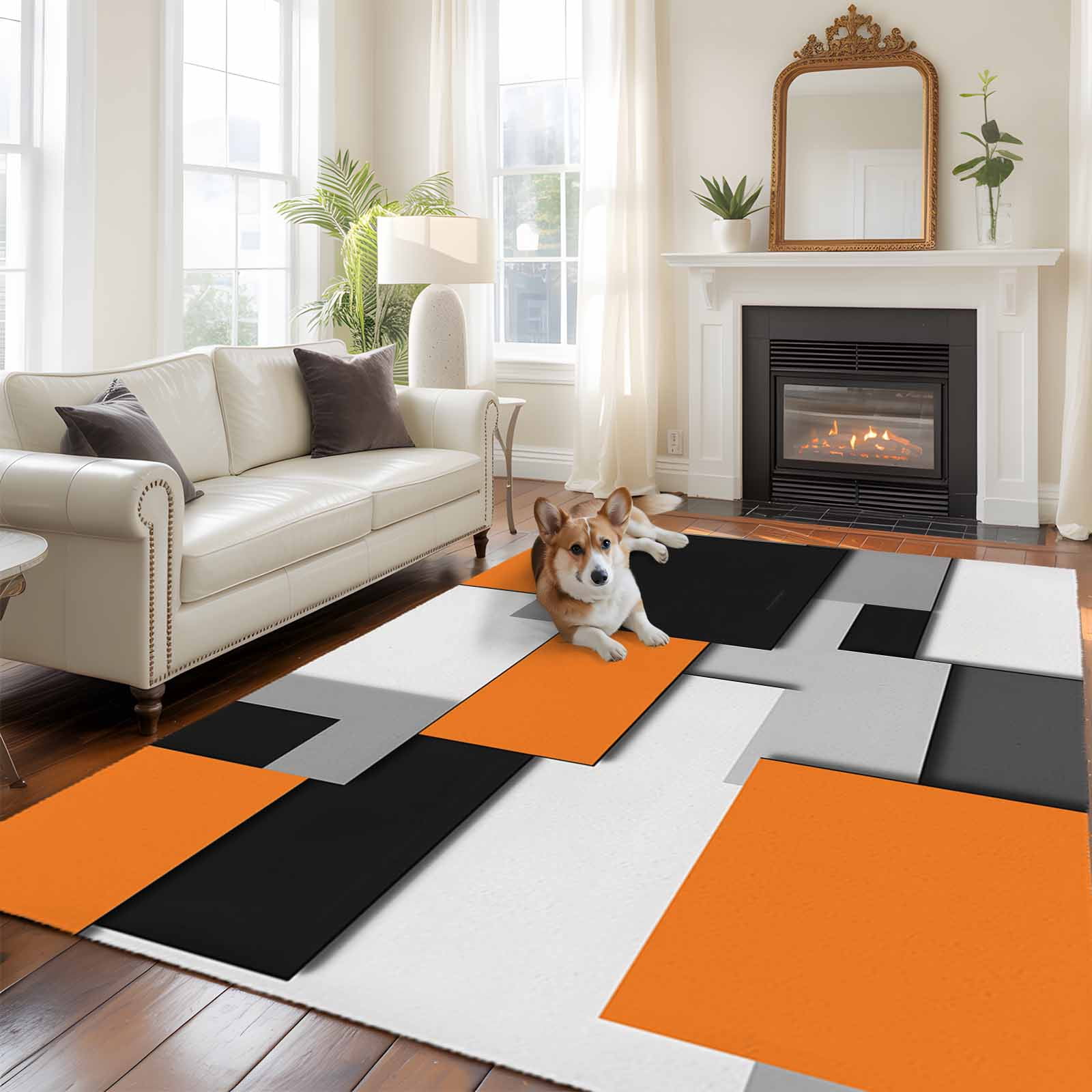 5'x8' Area Rugs, Orange Grey Black Geometric Indoor Outdoor Area Rug ...
