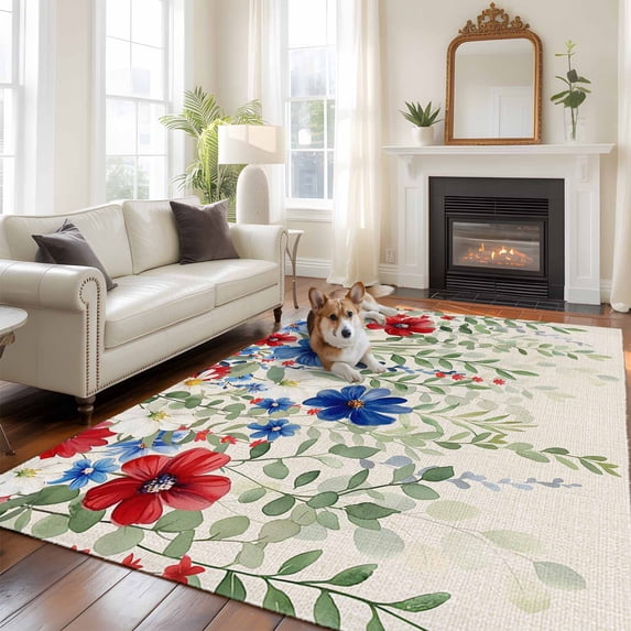 5'x8' Area Rugs, Red Blue Spring Floral Indoor Outdoor Area Rug for ...