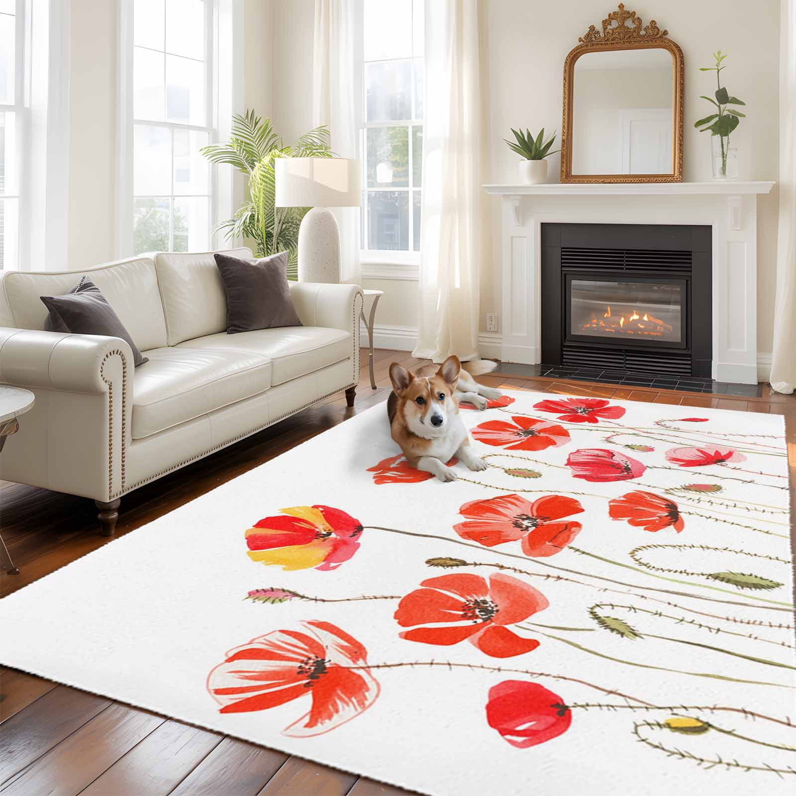 5'x8' Area Rugs, Red Flowers Indoor Outdoor Area Rug for Living Room ...