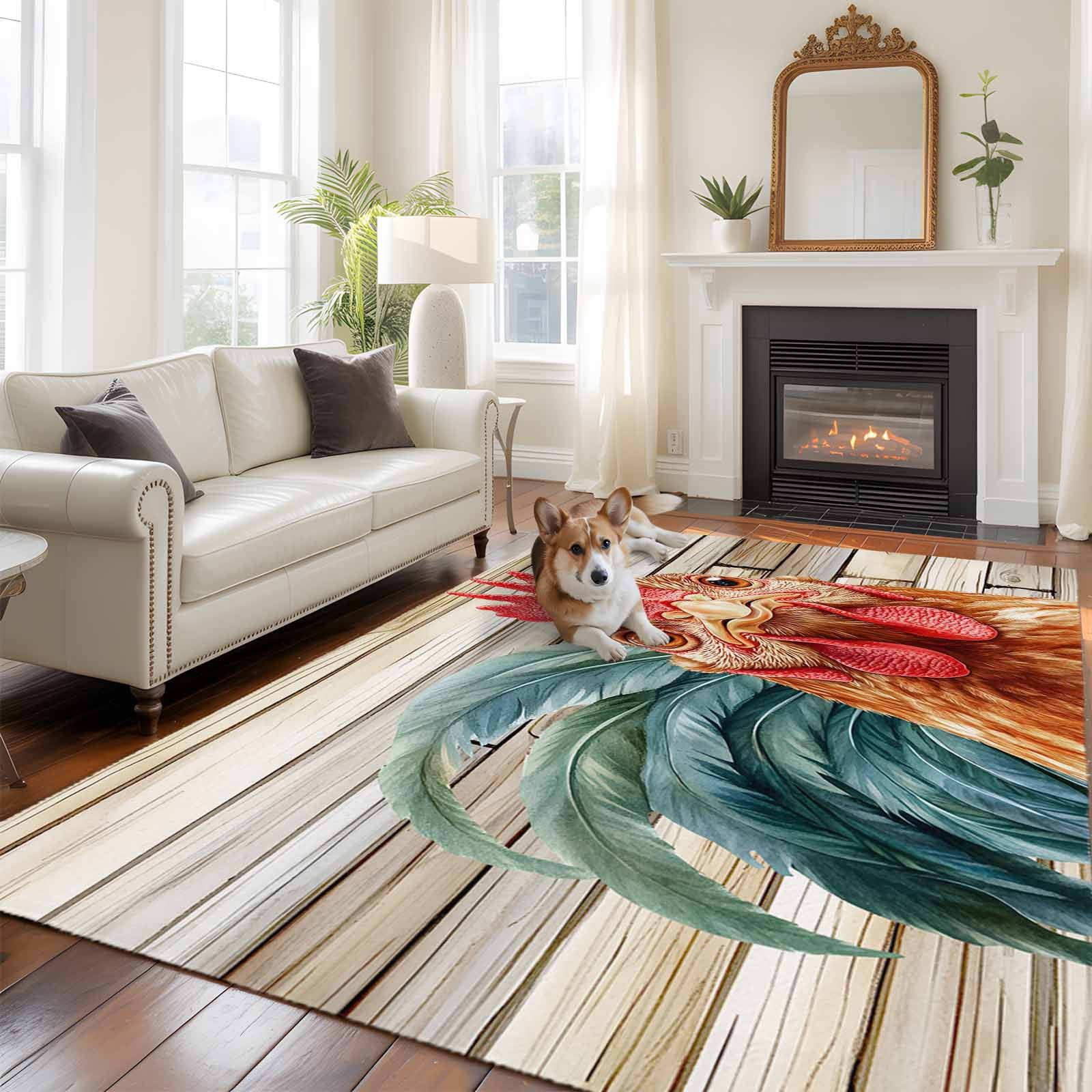 5'x8' Area Rugs, Rooster Feather Indoor Outdoor Area Rug for Living ...