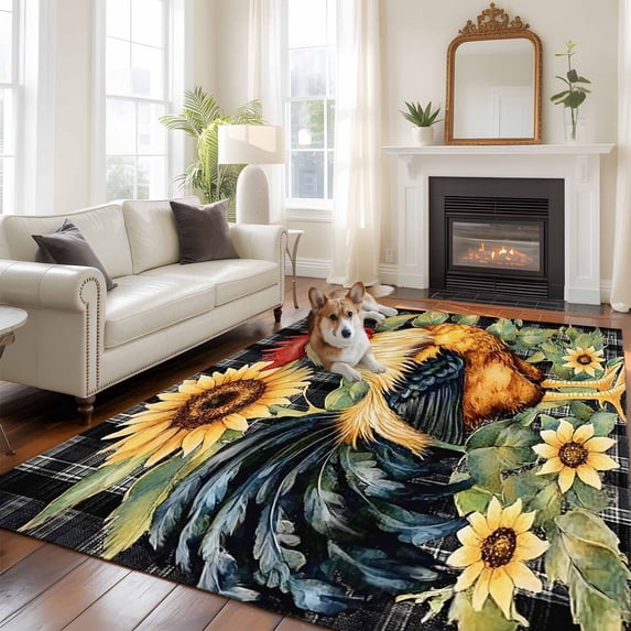 5'x8' Area Rugs, Sunflower Rooster Indoor Outdoor Area Rug for Living ...