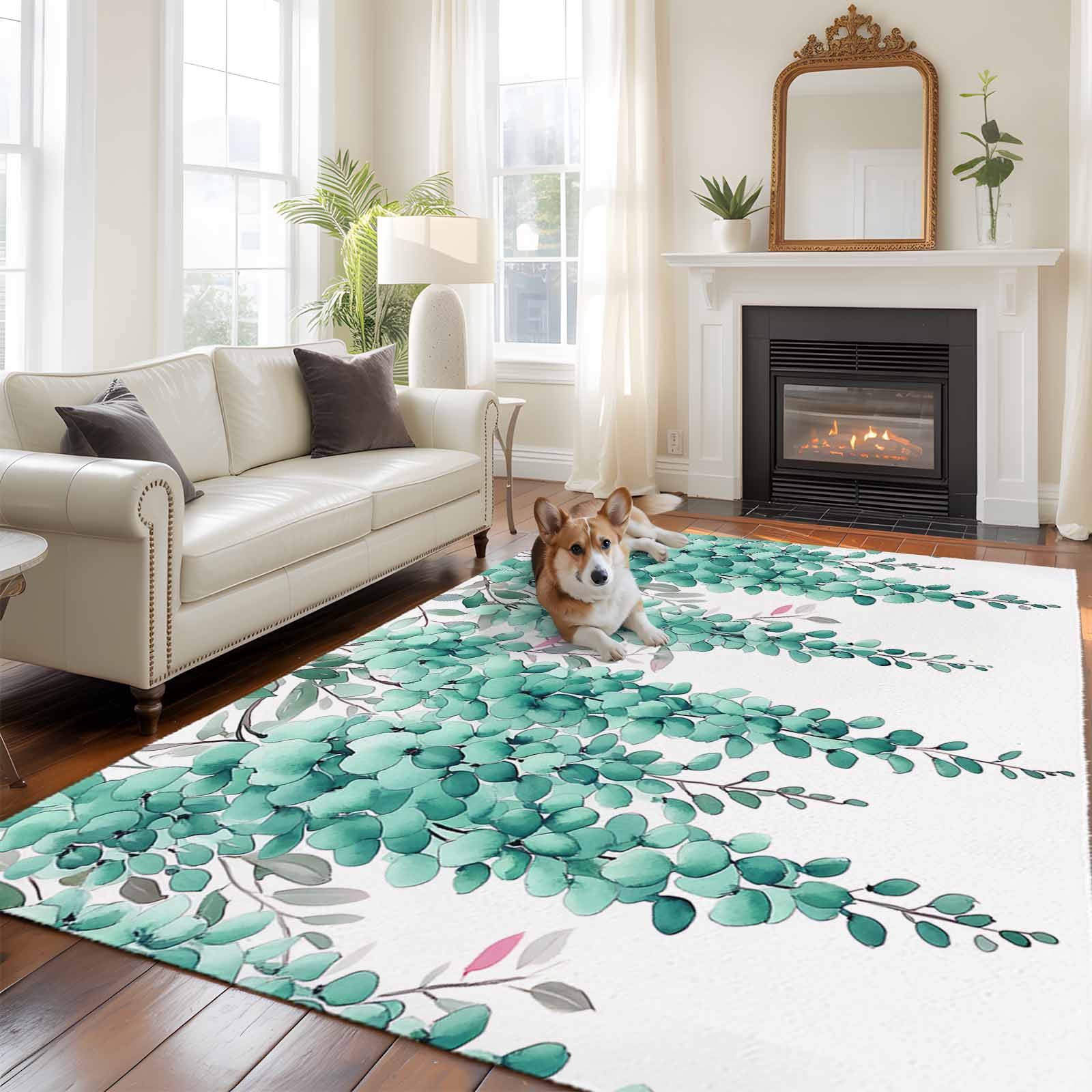 5'x8' Area Rugs, Teal Eucalyptus Leaves Indoor Outdoor Area Rug for ...