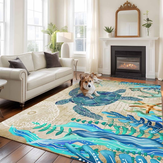 5'x8' Area Rugs, Teal Sea Turtle Coastal Indoor Outdoor Area Rug for ...