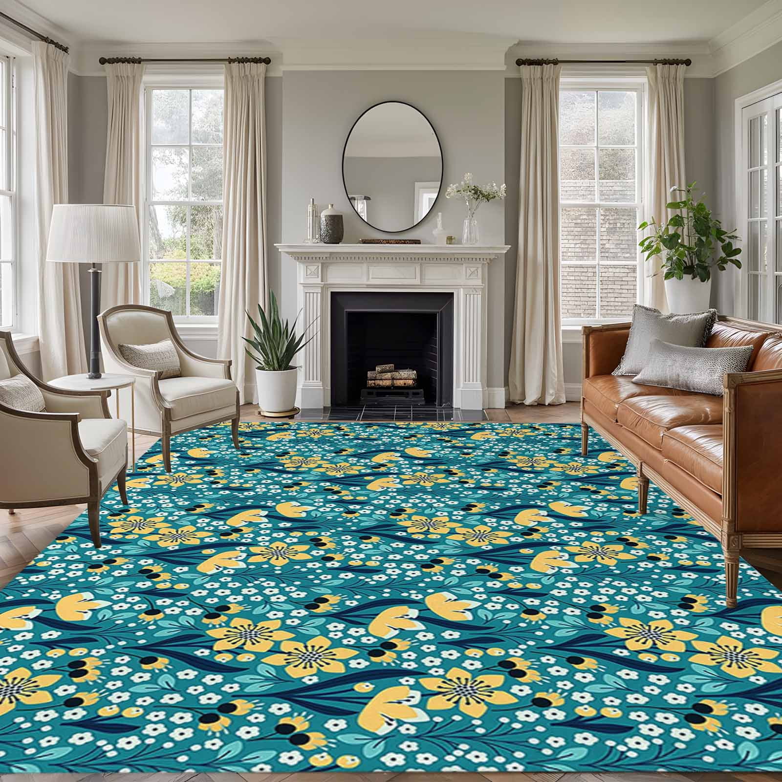 5'x8' Area Rugs, Teal Yellow Flowers Indoor Outdoor Area Rug for Living ...