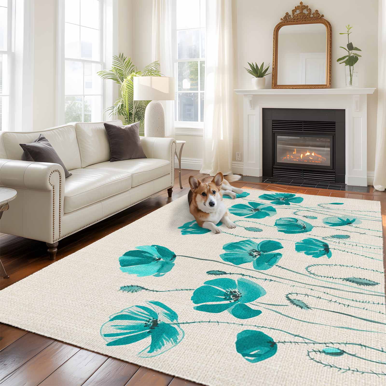 5'x8' Area Rugs, Turquoise Flowers Indoor Outdoor Area Rug for Living ...
