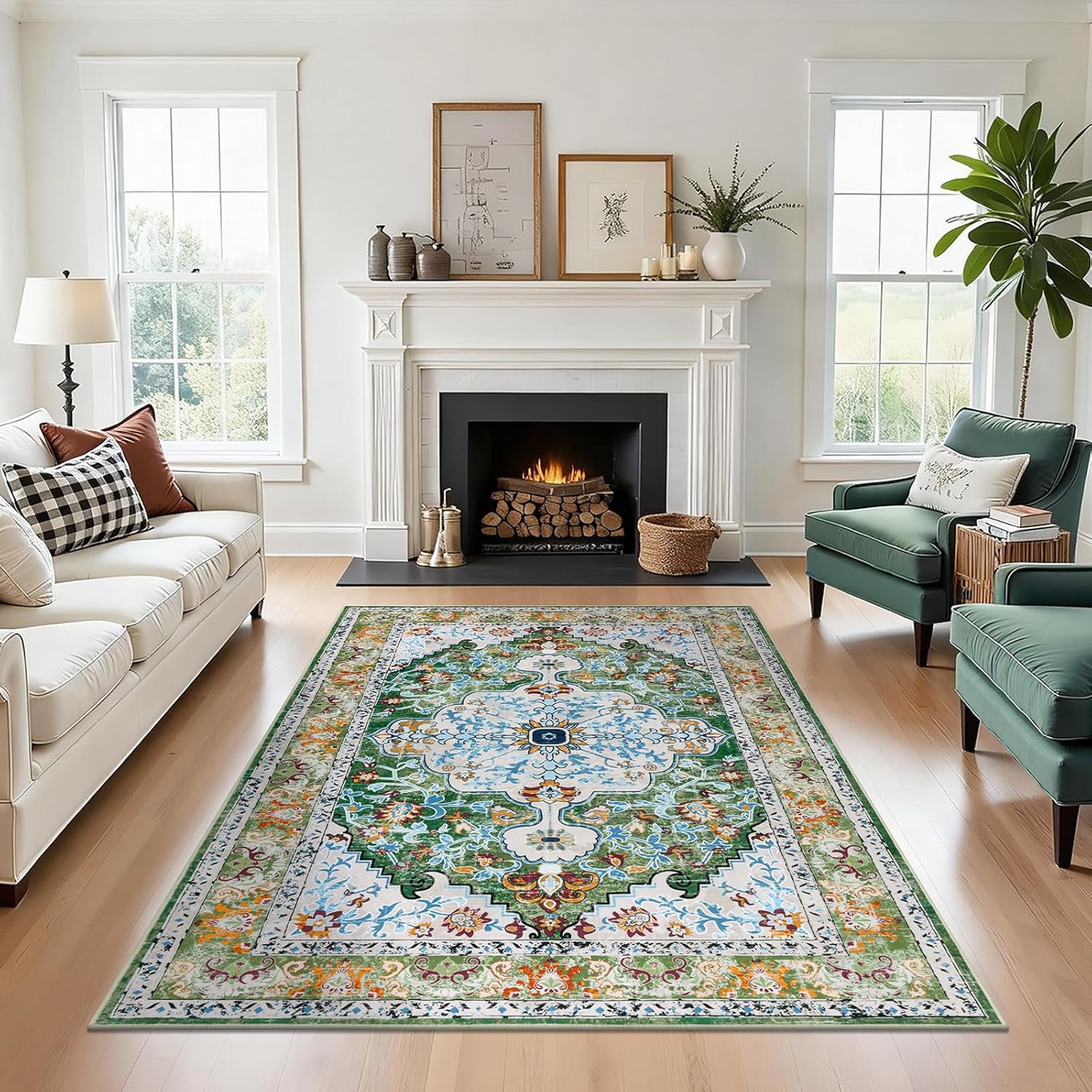 5'x8' Boho Area Rug, Non Slip Washable Soft Green Carpet for Living ...