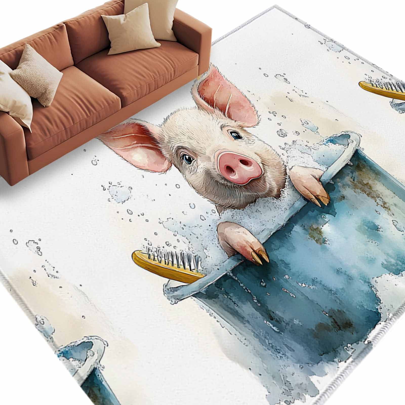 5'x8' Large Area Rugs Bathtub Cute Pig Washable Area Rugs Non-Slip ...
