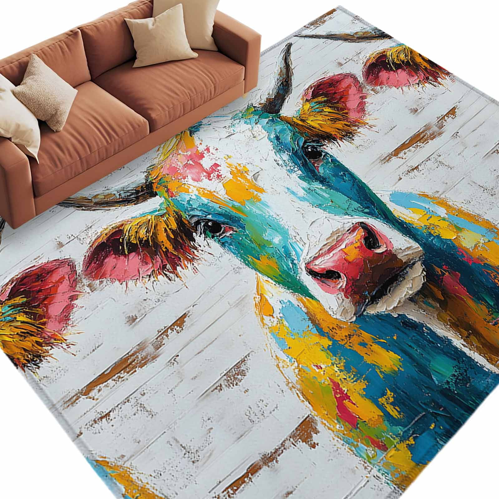 5'x8' Large Area Rugs Oil Painting Cow Washable Area Rugs Non-Slip ...