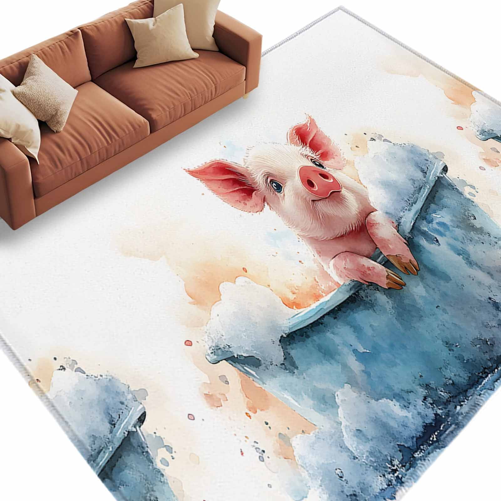 5'x8' Large Area Rugs Watercolor Pig Washable Area Rugs Non-Slip Indoor ...