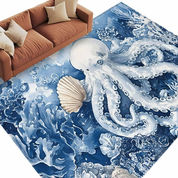 5'x8' Large Area Rugs White Blue Octopus Coastal Washable Area Rugs Non ...