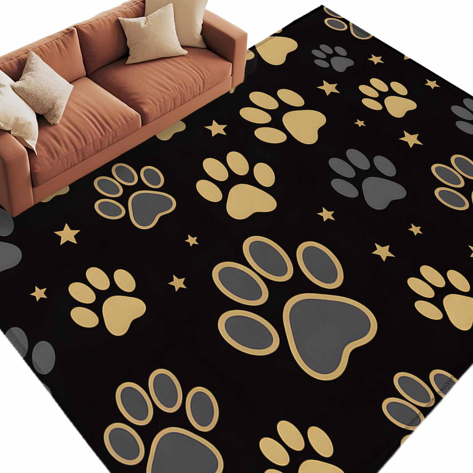 5'x8' Large Area Rugs Yellow Black Dog Paws Washable Area Rugs Non-Slip ...