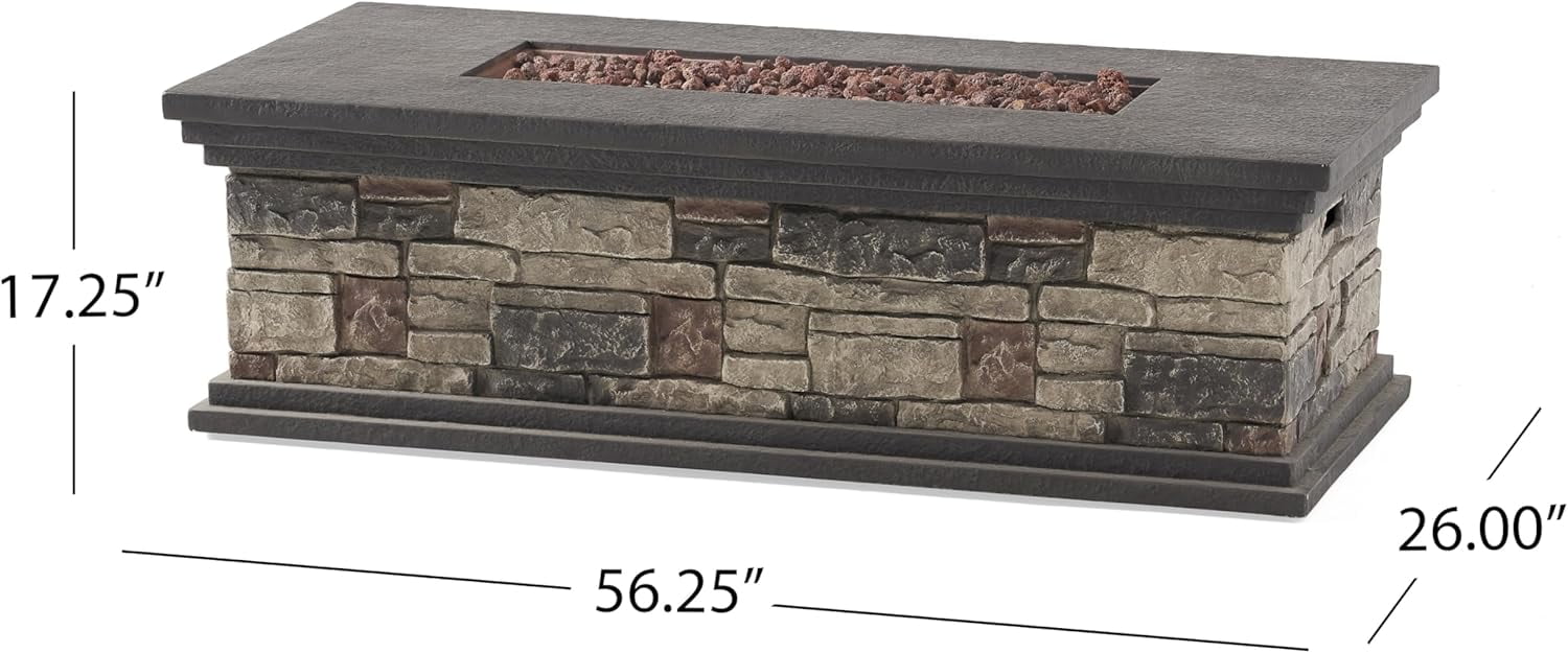 50,000 BTU Rectangular Stone Fire Pit Table, Outdoor Propane Gas Fire ...