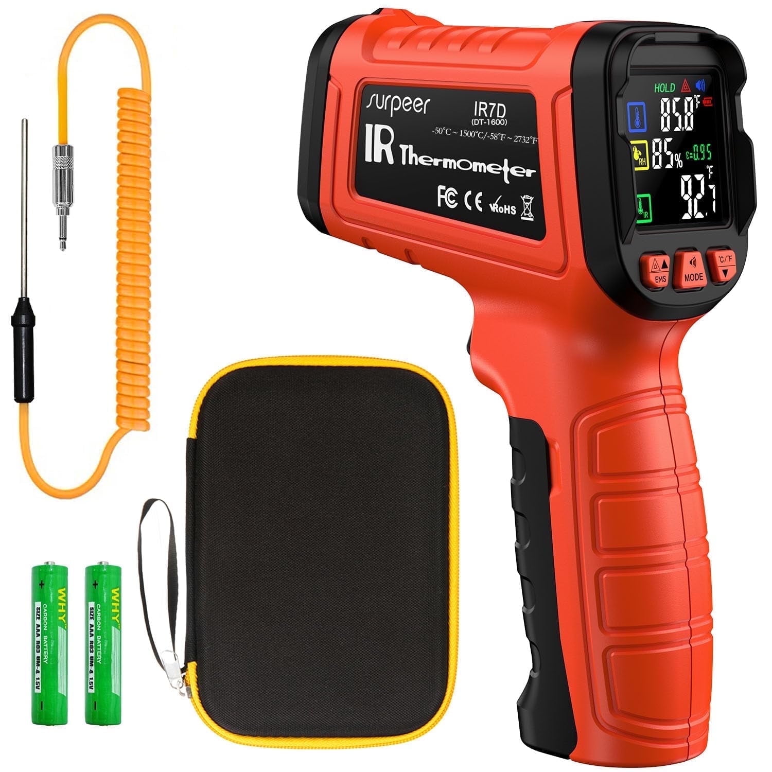 50:1 Infrared Thermometer Gun -58°F to 2732°F with K-Type Probe, High ...