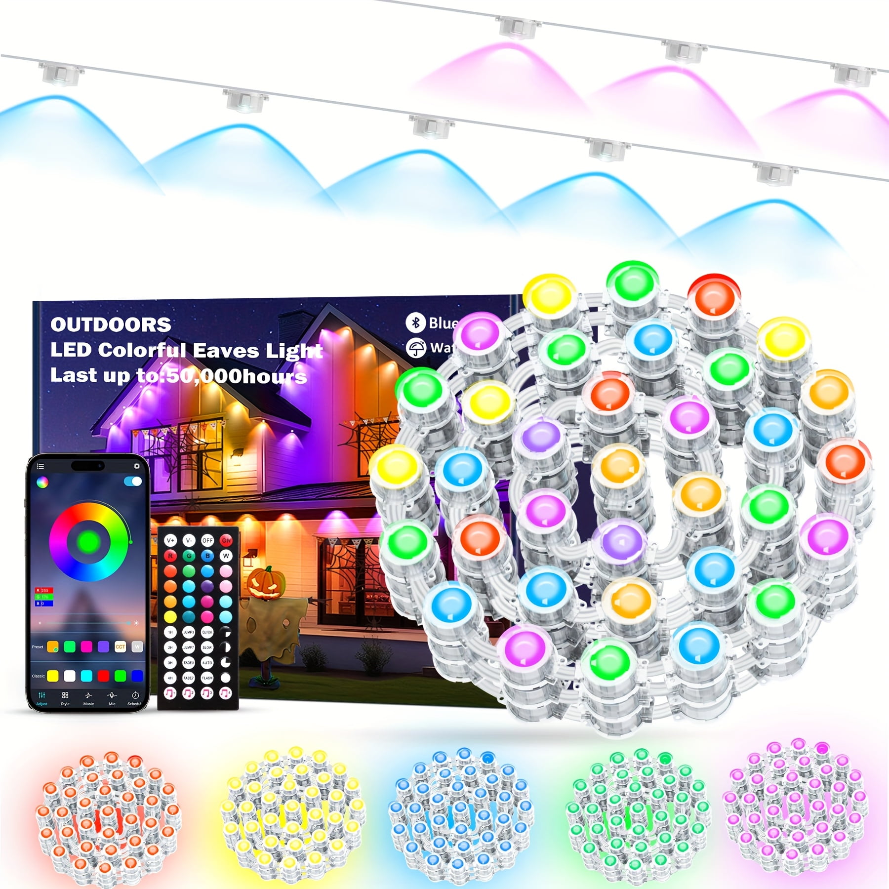 50/100/200/300/500ft Smart RGB LED Outdoor String Lights - App/Remote Control, IP67 Waterproof ...