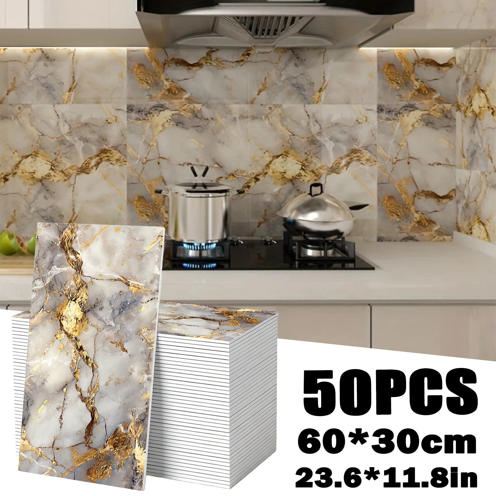 50/100Pcs Gold Plated Marble Wall Stickers, 11.8x23.6In Self Adhesive ...