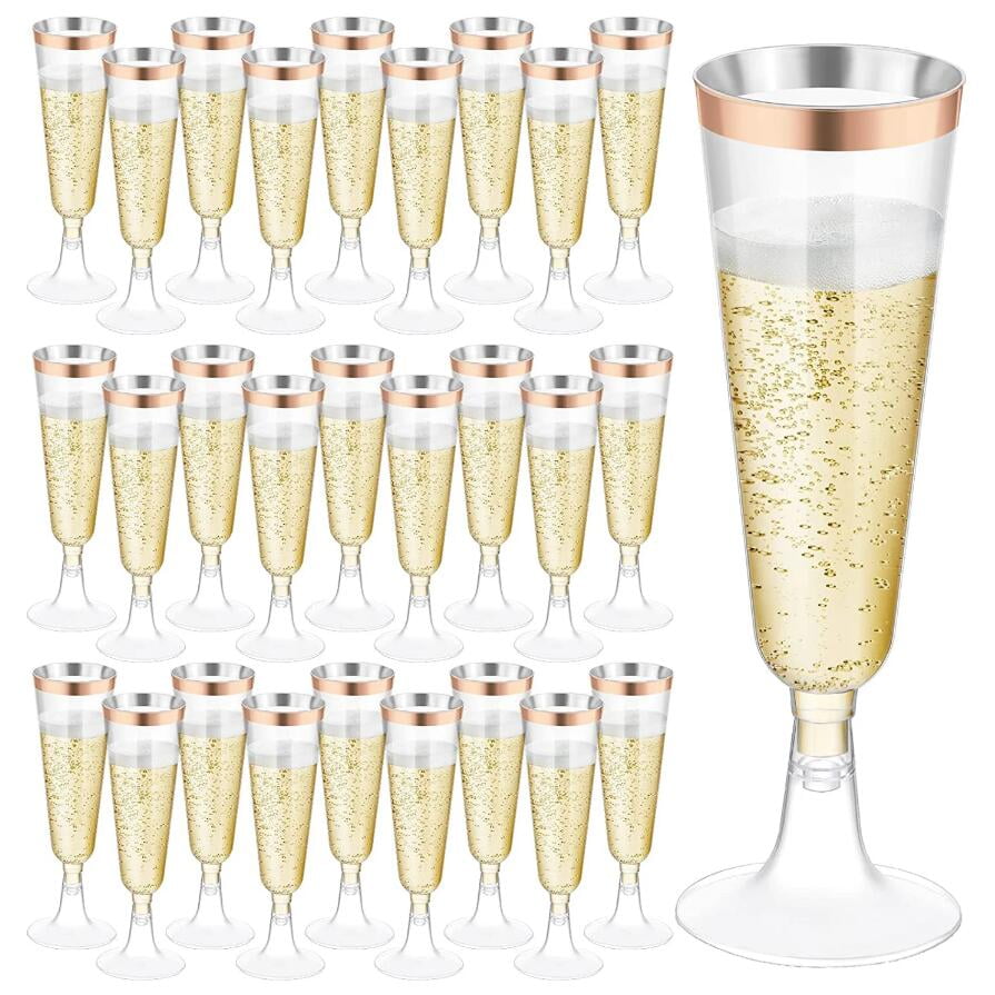50/25 Plastic Rose Gold Rimmed Champagne Flutes | 5.5oz. Clear Hard ...