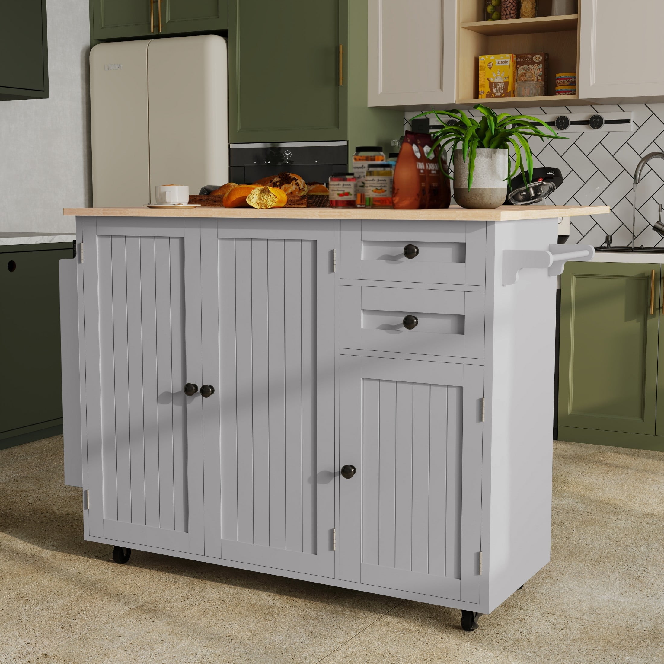 50.4" Kitchen Island with Storage, Expandable Solid Wood Top Cart with ...