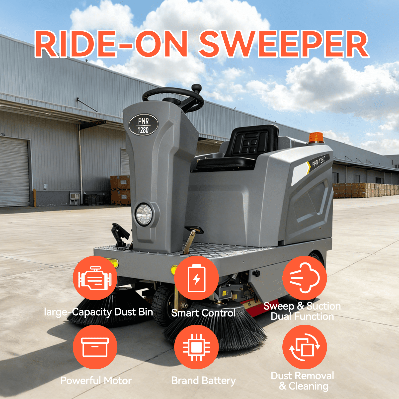 50.4" Ride-on Industrial Sweeper, Floor Cleaning Machine 92,600 sq ft/h ...