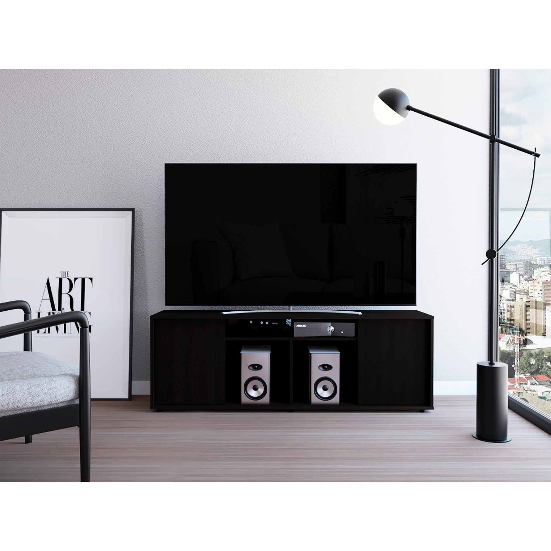 50 - 59 Inch Tv Stand In Black, Two Cabinets With Single Door And Four ...