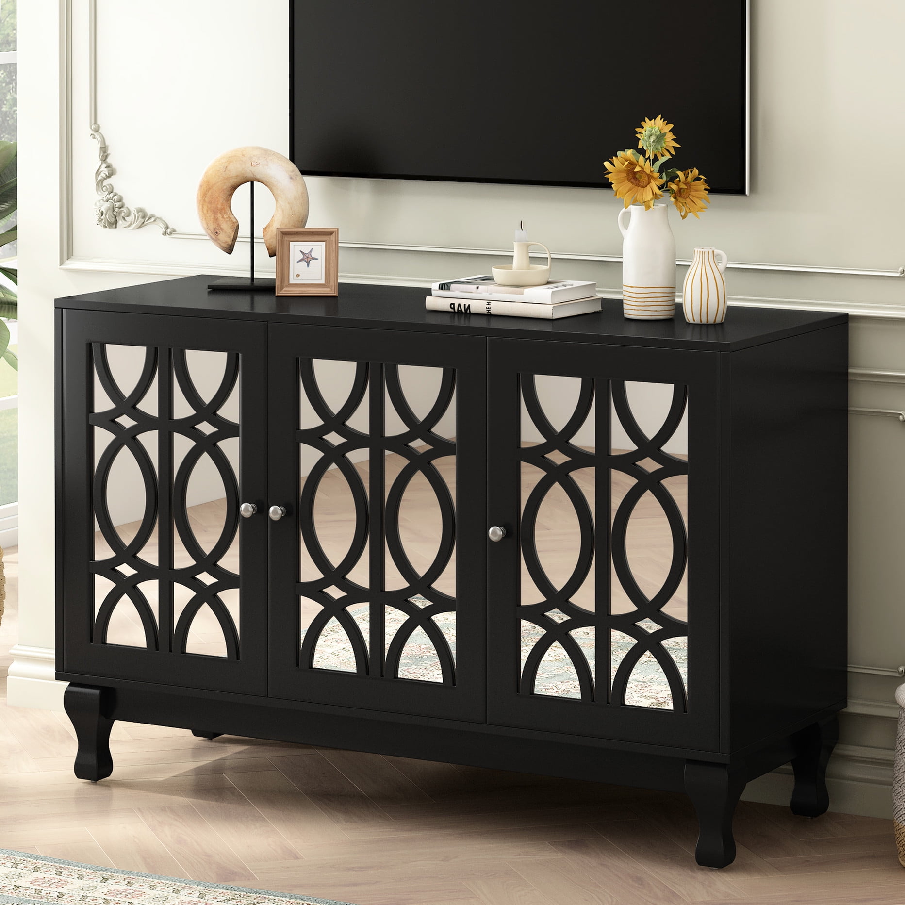 50 - 59 Inches TV Stand with Mirrored Cabinets | Three Shelves for ...