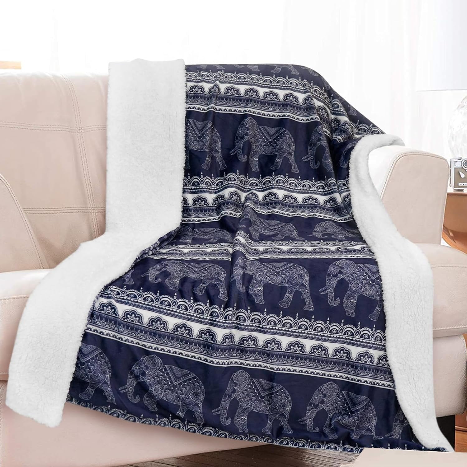 50"*60" Sherpa Fleece Elephant Blanket Boho Bohemian Floral Throw ...