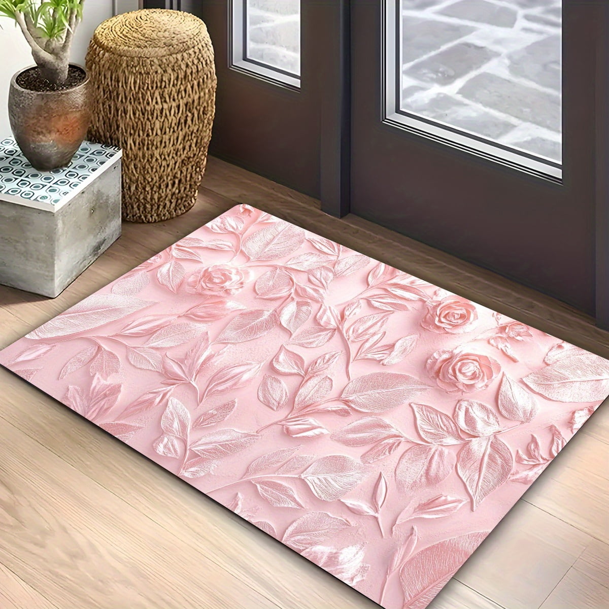 50*80cm 3D Embossed Pink Rose Print Flannel Bath Mat, Non-Slip Doormat ...