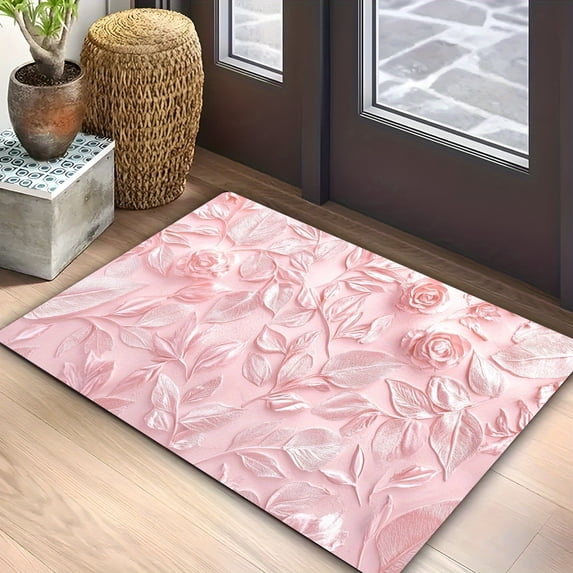 50*80cm 3D Embossed Pink Rose Print Flannel Bath Mat, Non-Slip Doormat ...