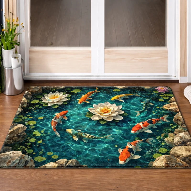 50*80cm 3D Koi Fish Lotus Pond Print Flannel Doormat, Non-Slip Mat ...