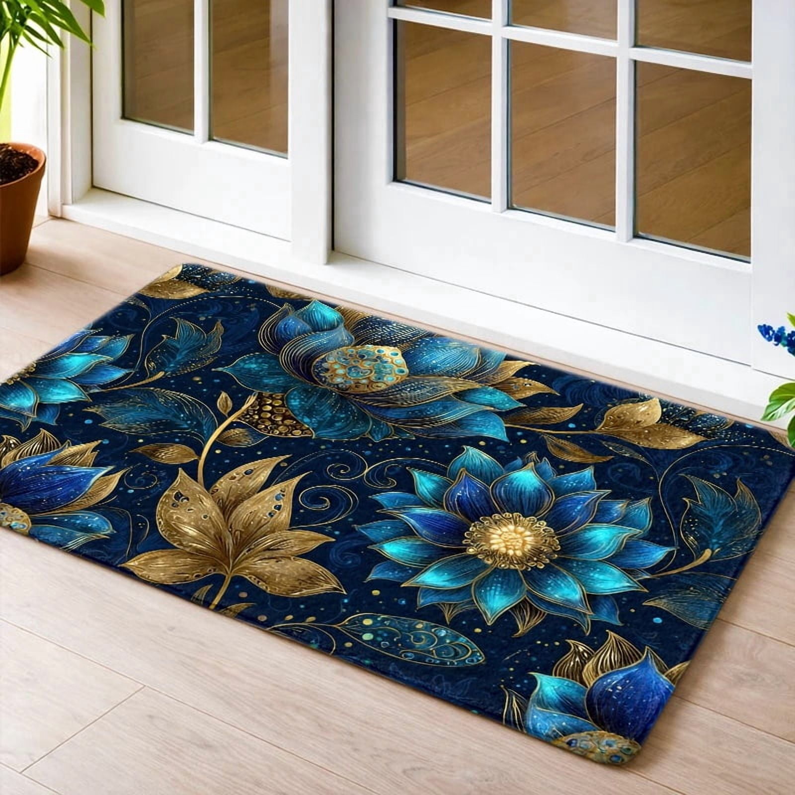 50*80cm Blue And Gold Lotus Print Flannel Bath Mat, Non-Slip Doormat ...