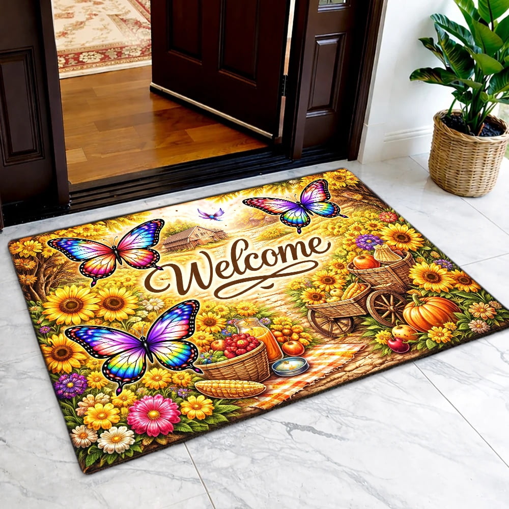 50*80cm Fall Harvest "Welcome" Print Flannel Doormat, Non-Slip Mat ...
