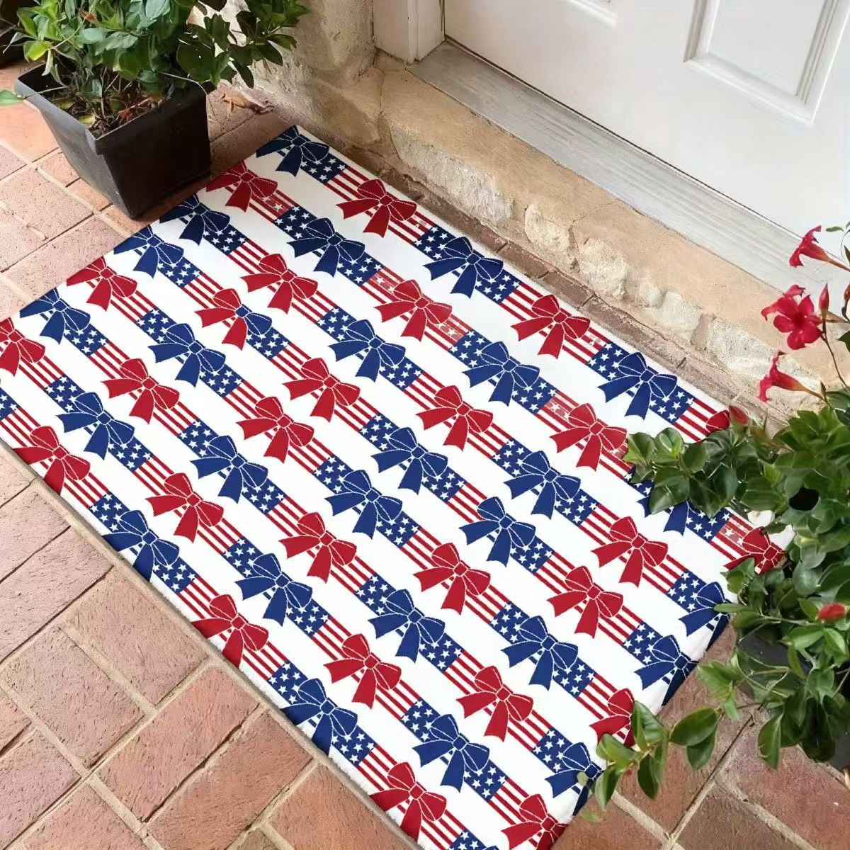 50*80cm Patriotic American Flag Bow Print Flannel Bath Mat, Non-Slip ...