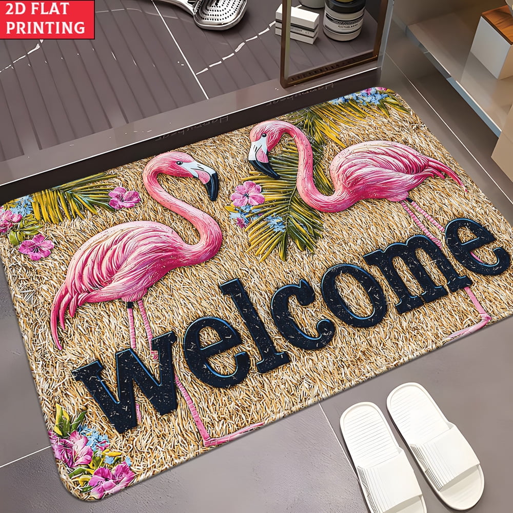 50*80cm Welcome Flamingo Print Flannel Bath Mat, Non-Slip Tropical ...