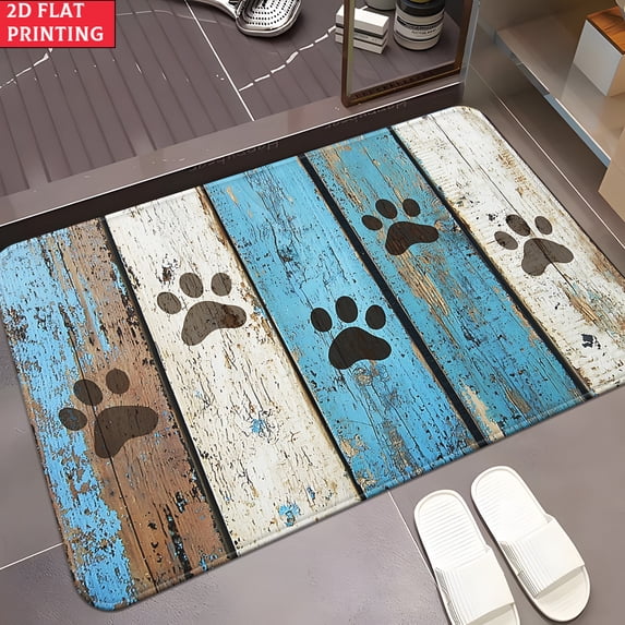 50*80cm Rustic Wood Grain Dog Paw Print Flannel Bath Mat, Non-Slip ...