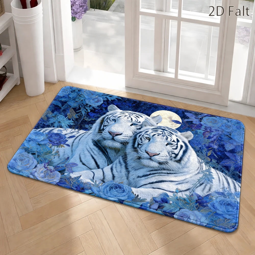 50*80cmWhite Tigers With Blue Roses & Moon Print Flannel Doormat, Non ...