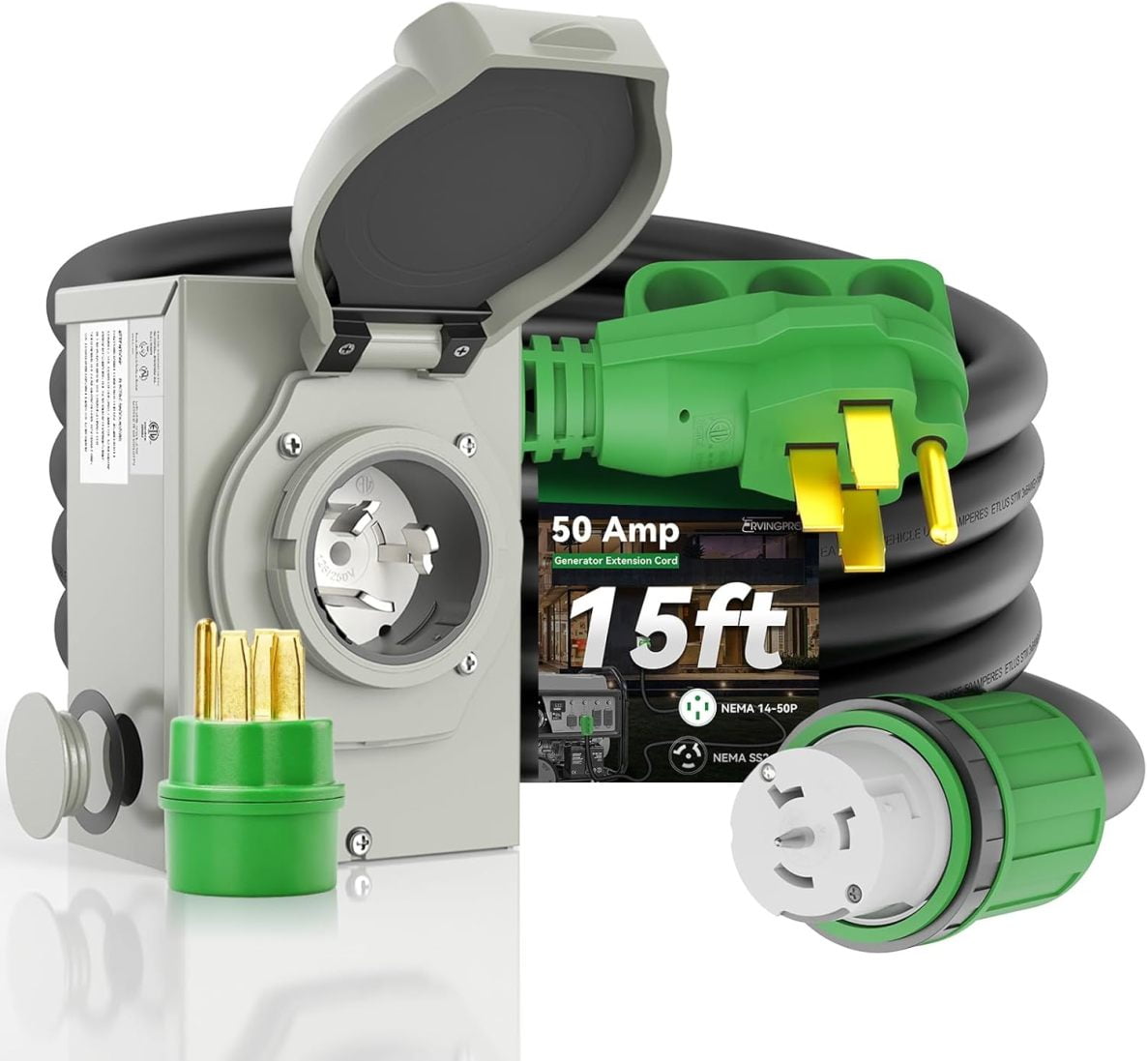 50 Amp Generator Cord 15FT and Power Inlet Box, Pre-Drilled 50 Amp ...