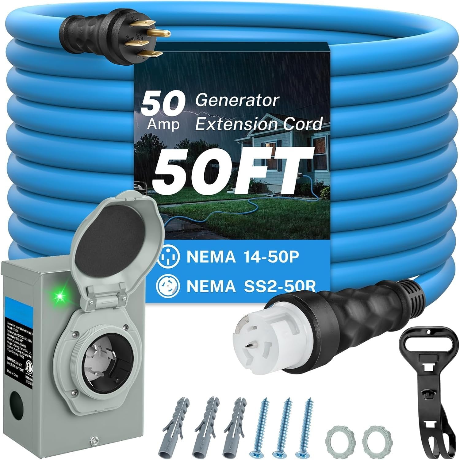 50 Amp Generator Cord and Power Inlet Box Kit, 50FT Extension STW 6/8/1 ...
