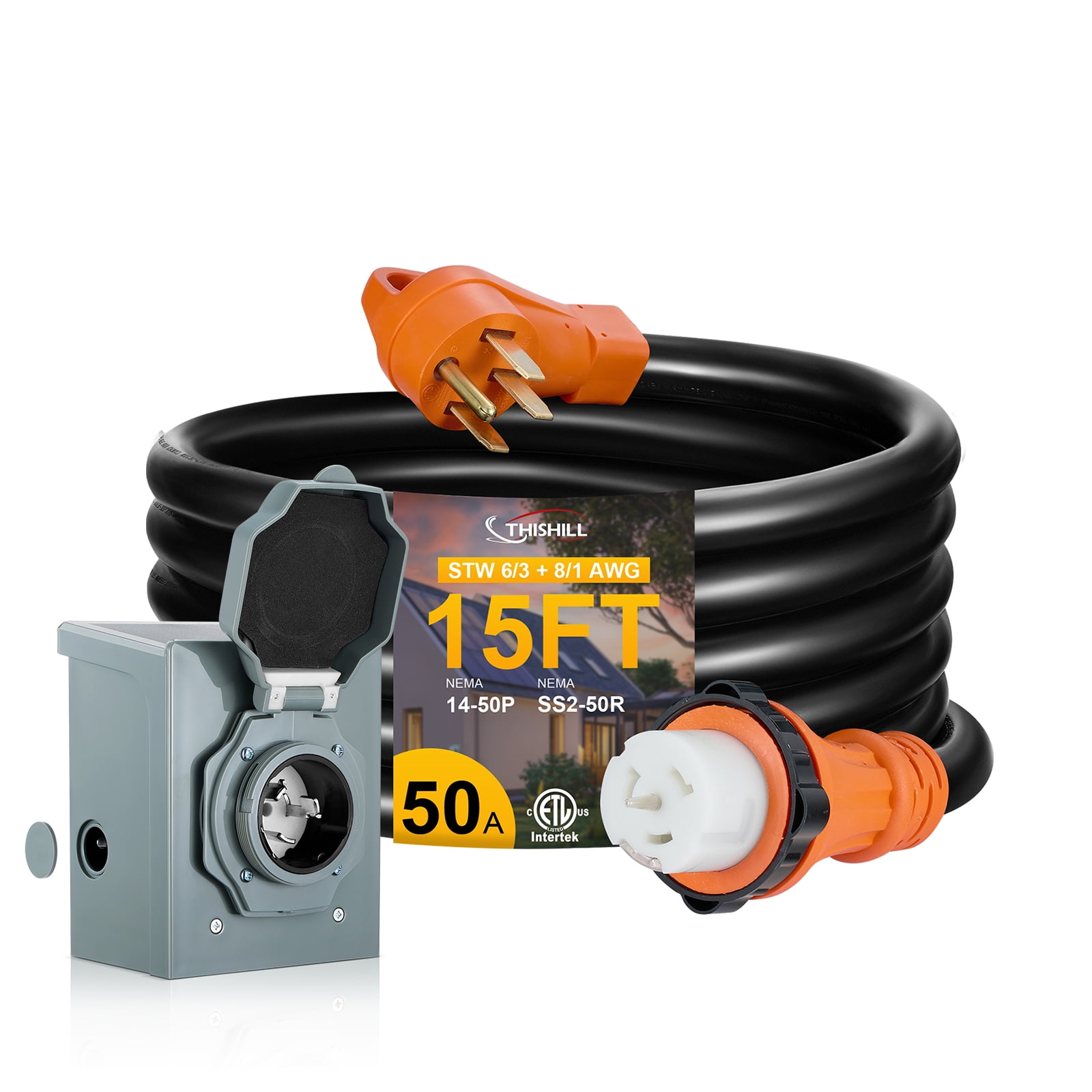 50 Amp Generator Extension Cord with Power Inlet Box, Heavy Duty 3 ...