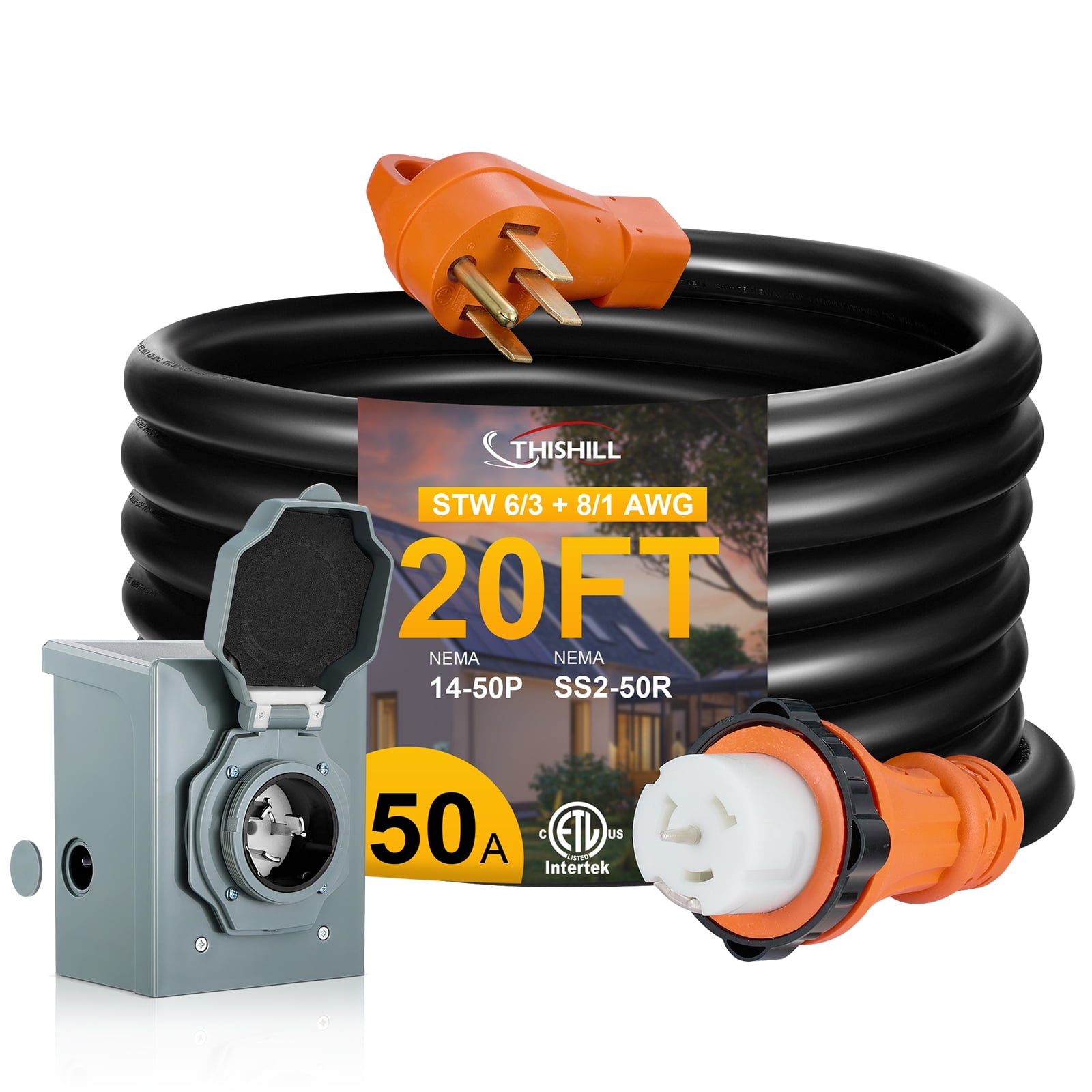 50 Amp Generator Extension Cord with Power Inlet Box, Heavy Duty 3 ...