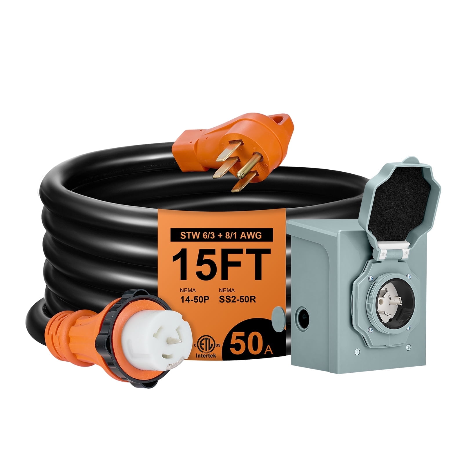 50 Amp Generator Extension Cord with Power Inlet Box, Heavy Duty NEMA14-50P to SS2-50R Twist ...