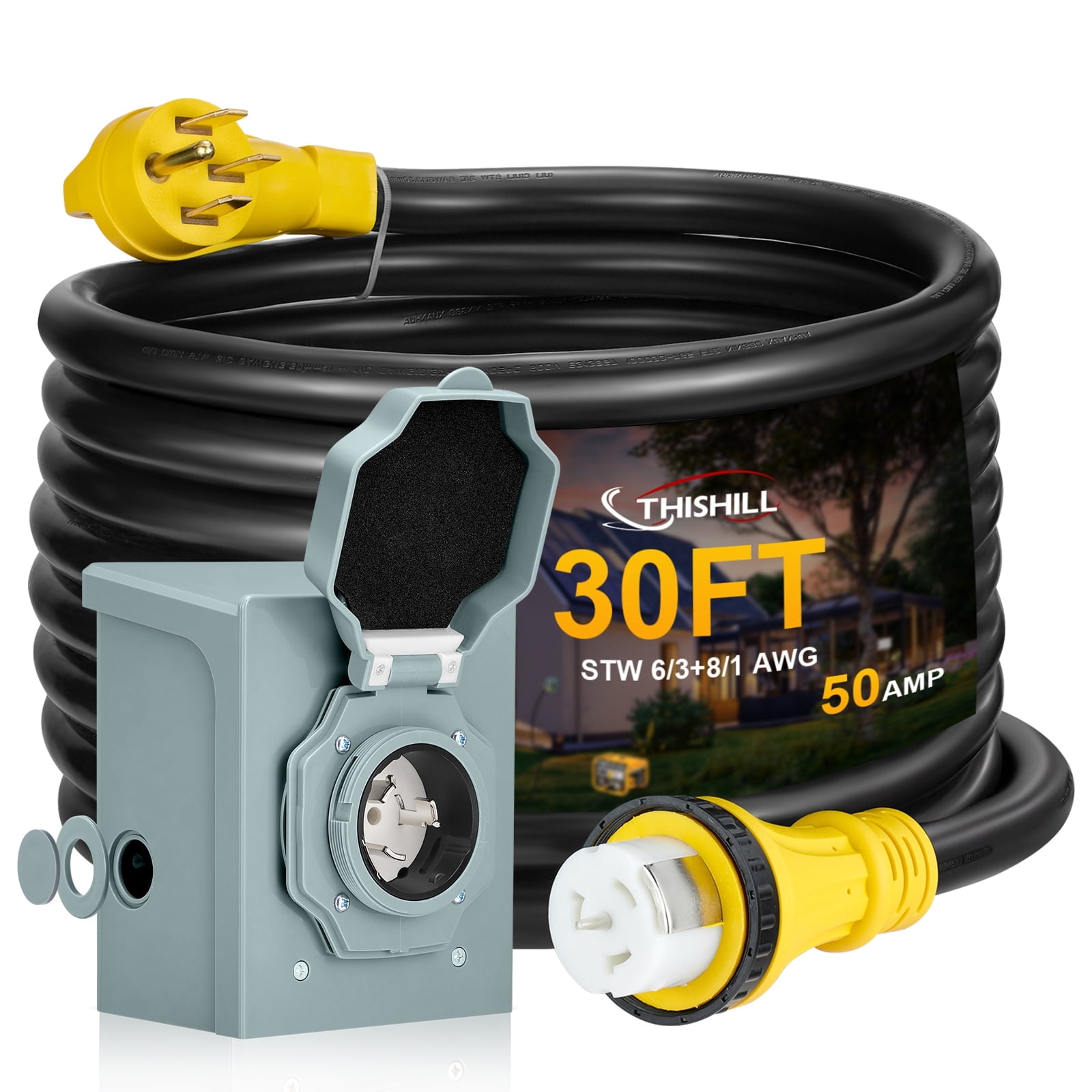 50 Amp Generator Extension Cord, Pre-Drilled Power Inlet Box with Twist Lock Connector, 125/250V ...