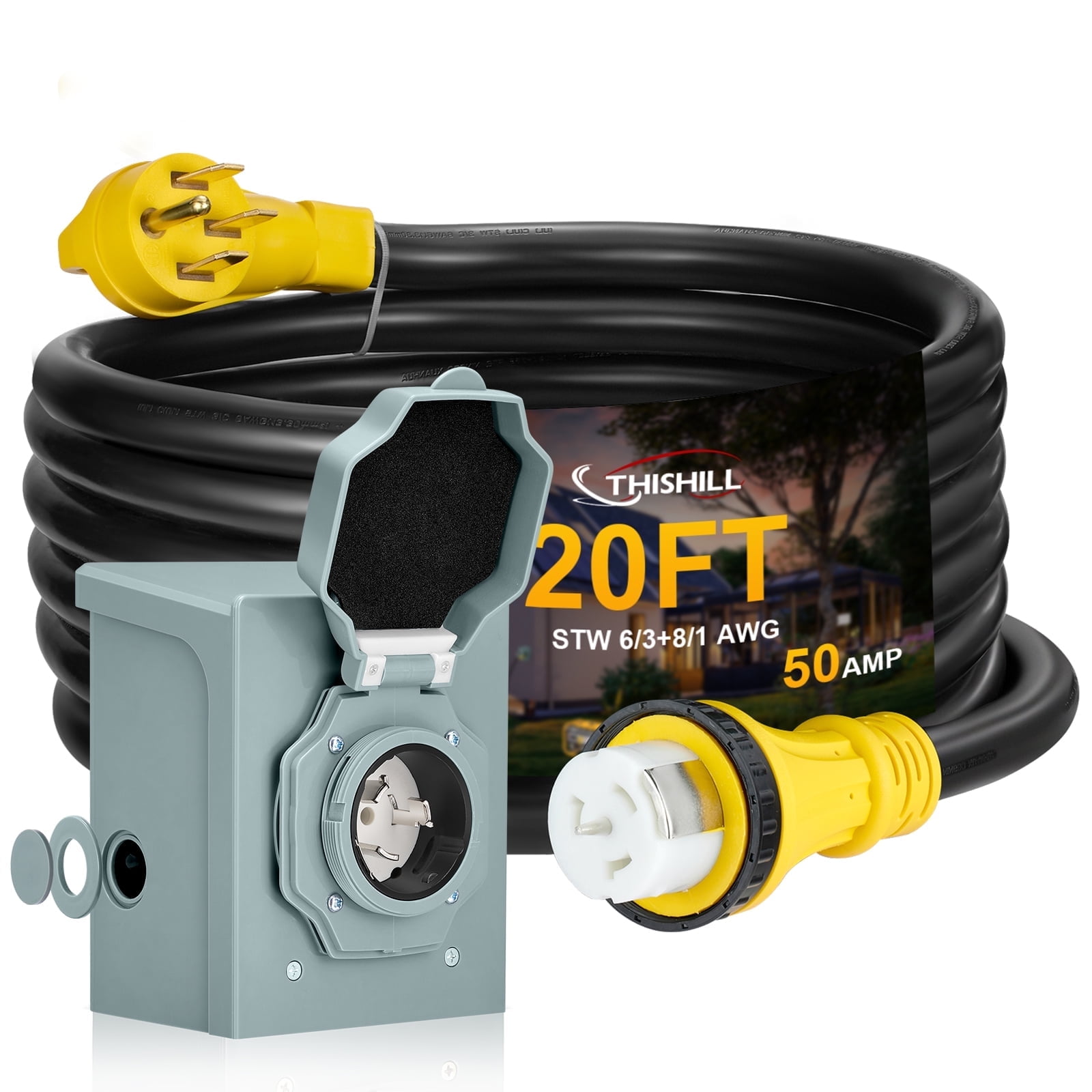 50 Amp Generator Extension Cord, Pre-Drilled Power Inlet Box with Twist ...