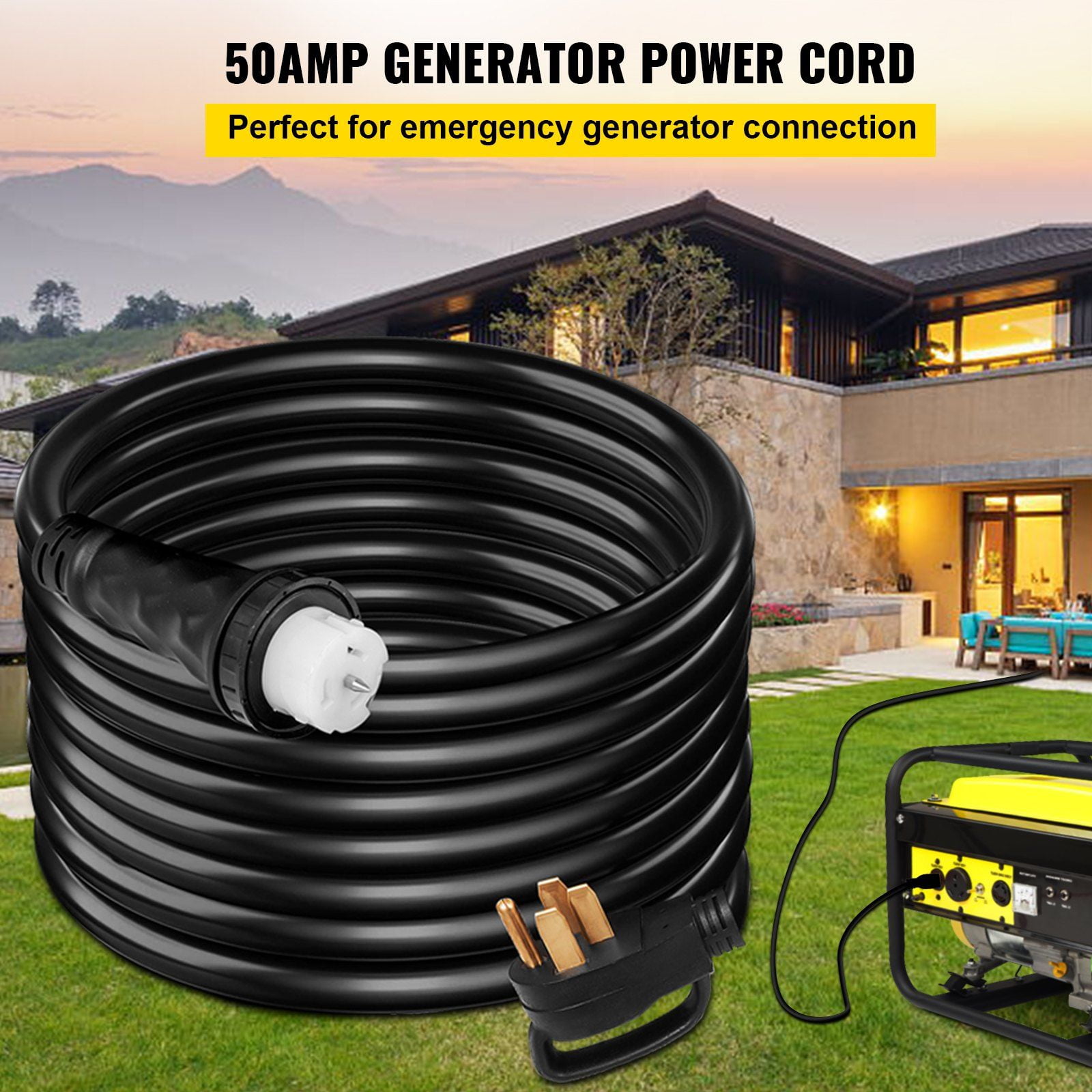 50-Amp Tri-Connector Generator Extension Cord 75ft, Heavy-Gauge 6/8 AWG ...