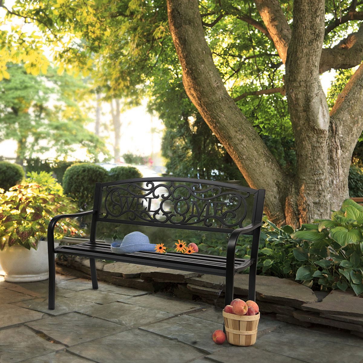 50" Black Outdoor Welcome Bench - 750lb Capacity Weather-Resistant Iron ...