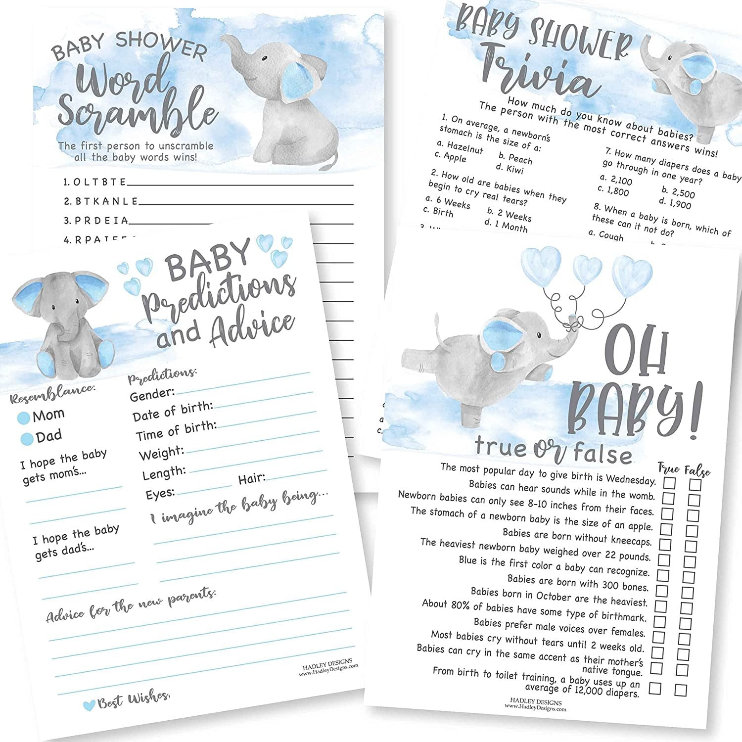 50 Blue Elephant Baby Shower Games For Boys - 4 Games Double Sided ...