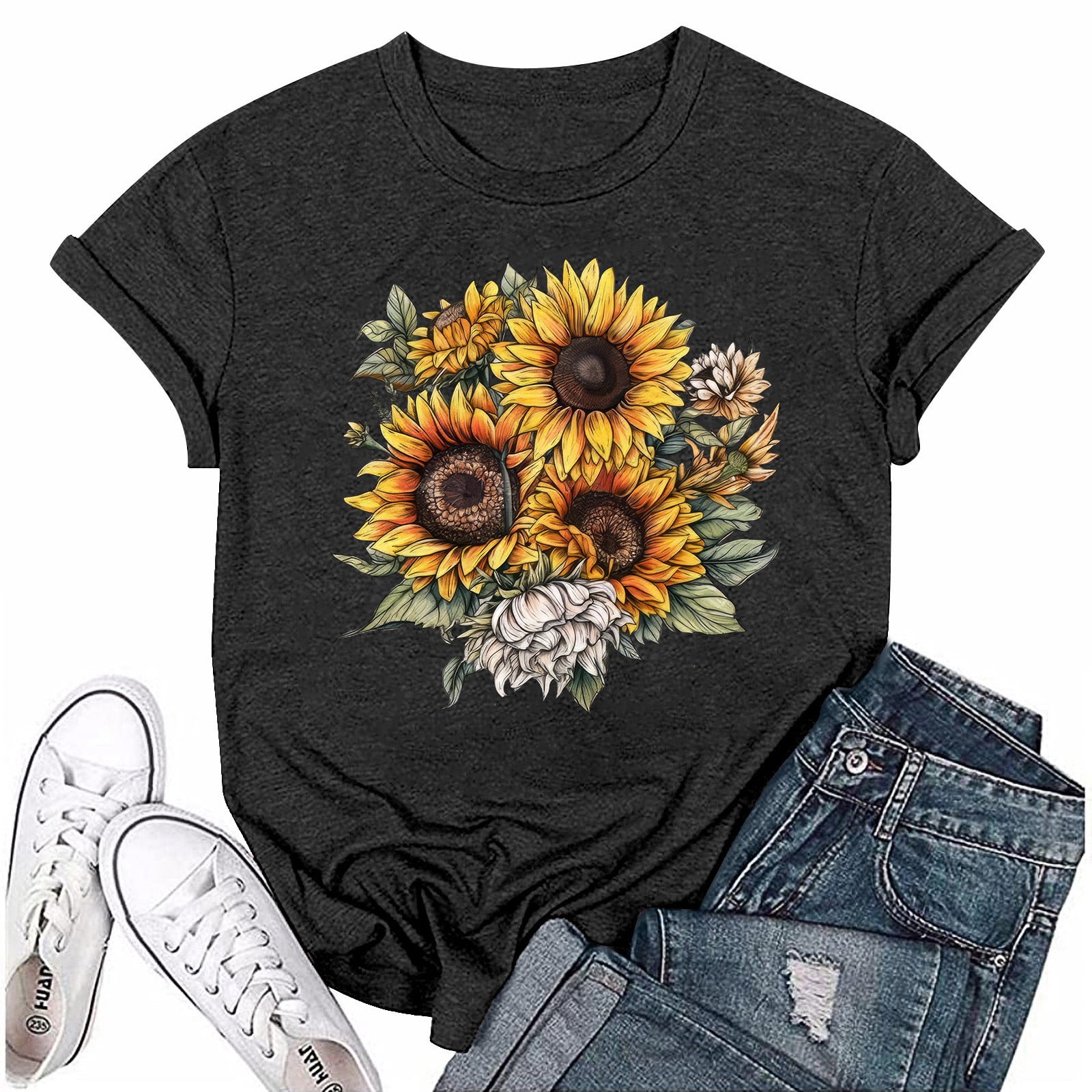 NAMTYQX Womens Short Sleeve Tops Round Neck mit Muster Simple Loose Fit ...