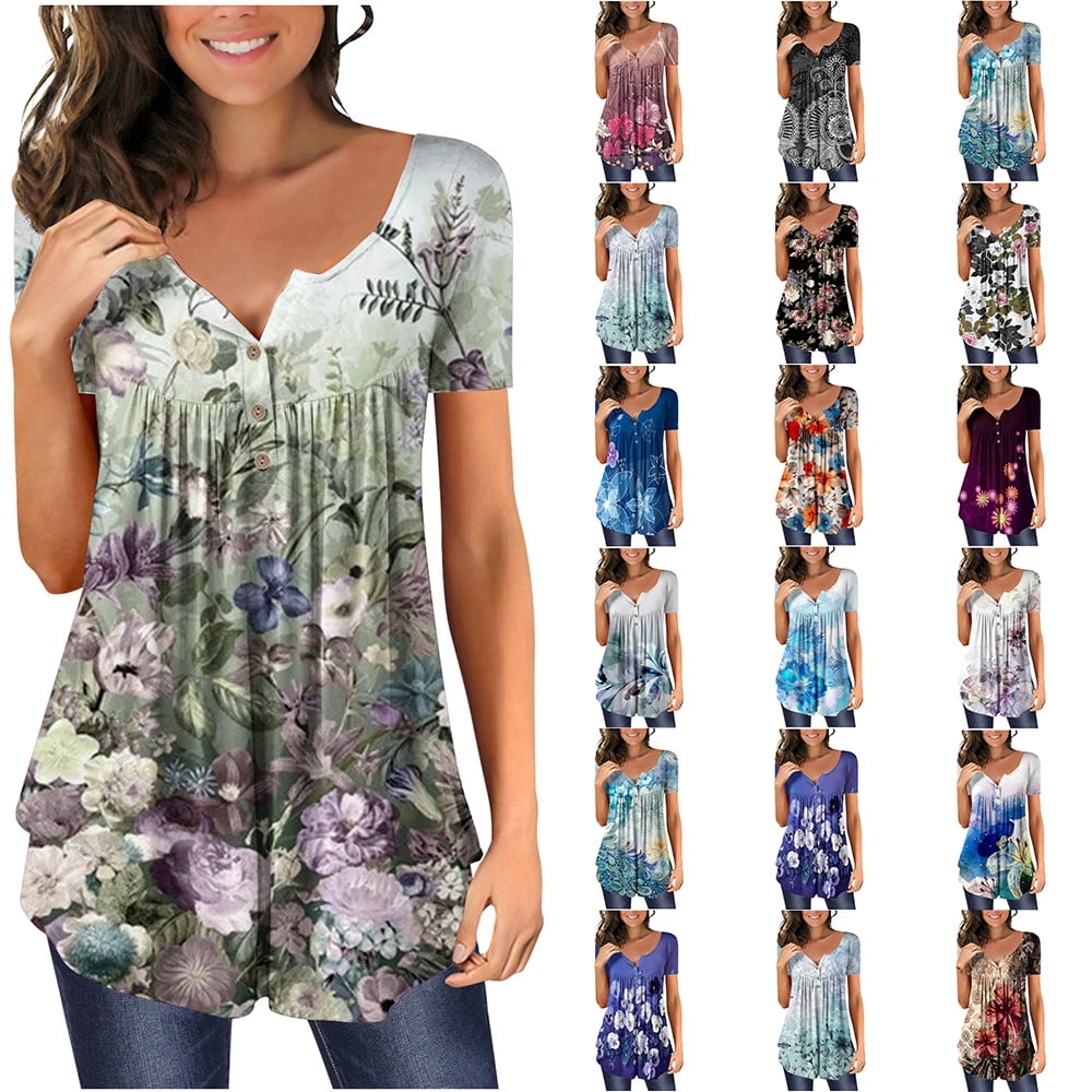 YOTAMI Large Flowy Blusas, Floral Print Summer Tops, Short Sleeve V ...