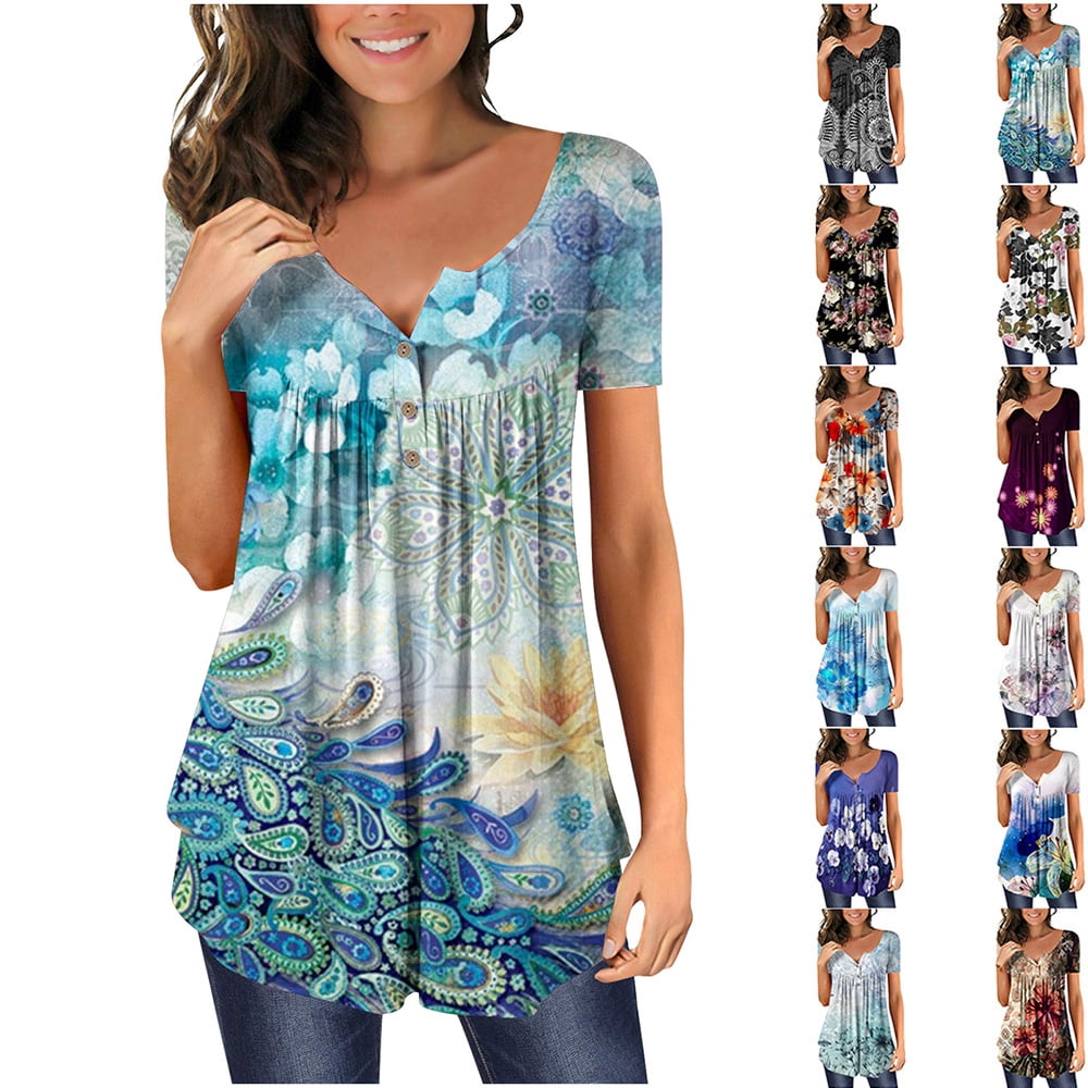 YOTAMI Plus Size Tops for Women Clearance Summer Floral Print Tunic ...