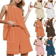 Jerdar Women Casual 2 Piece Short Sets Summer Round Neck Solid Sleeveless Blouse Loose Cotton ...