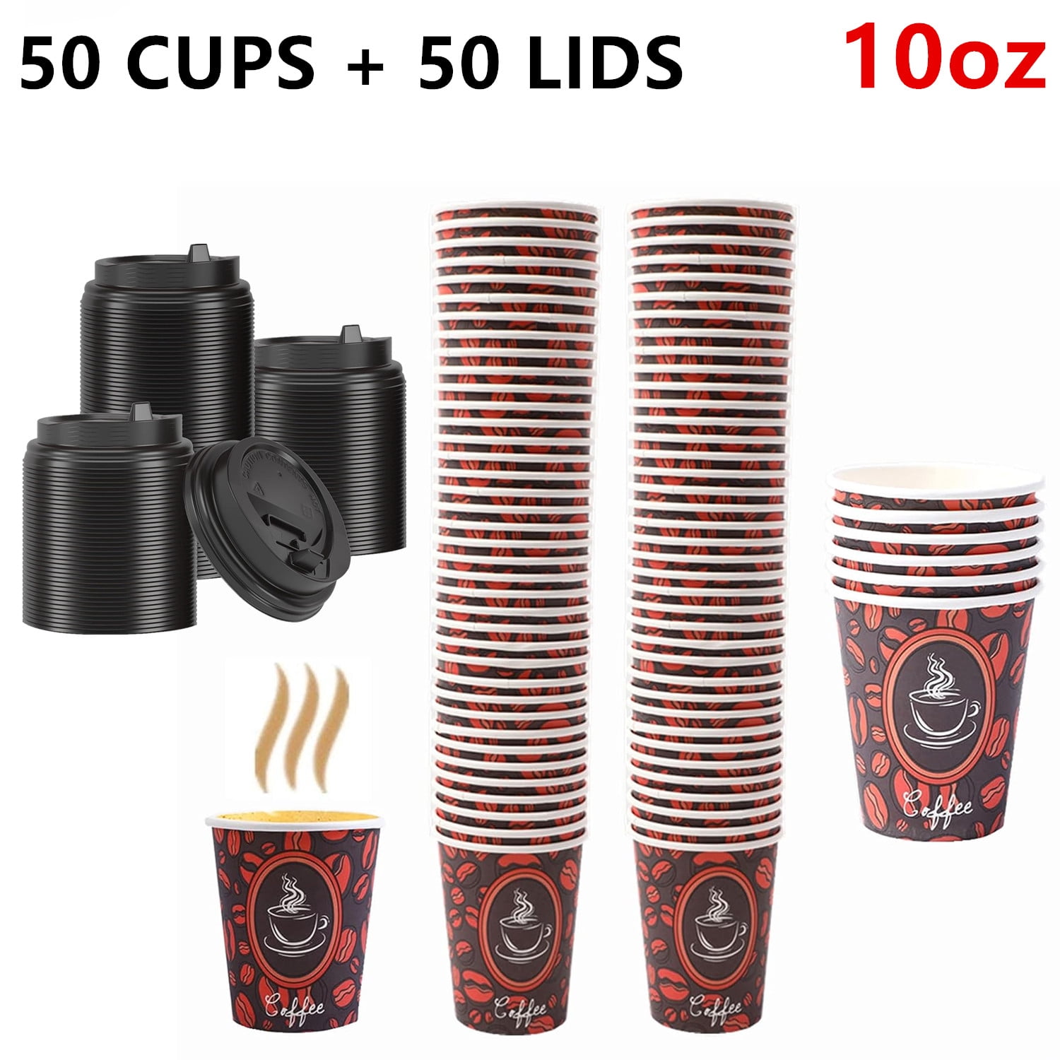50 Count 10oz Disposable Paper Hot Coffee Cups with Lid, Perfect For ...